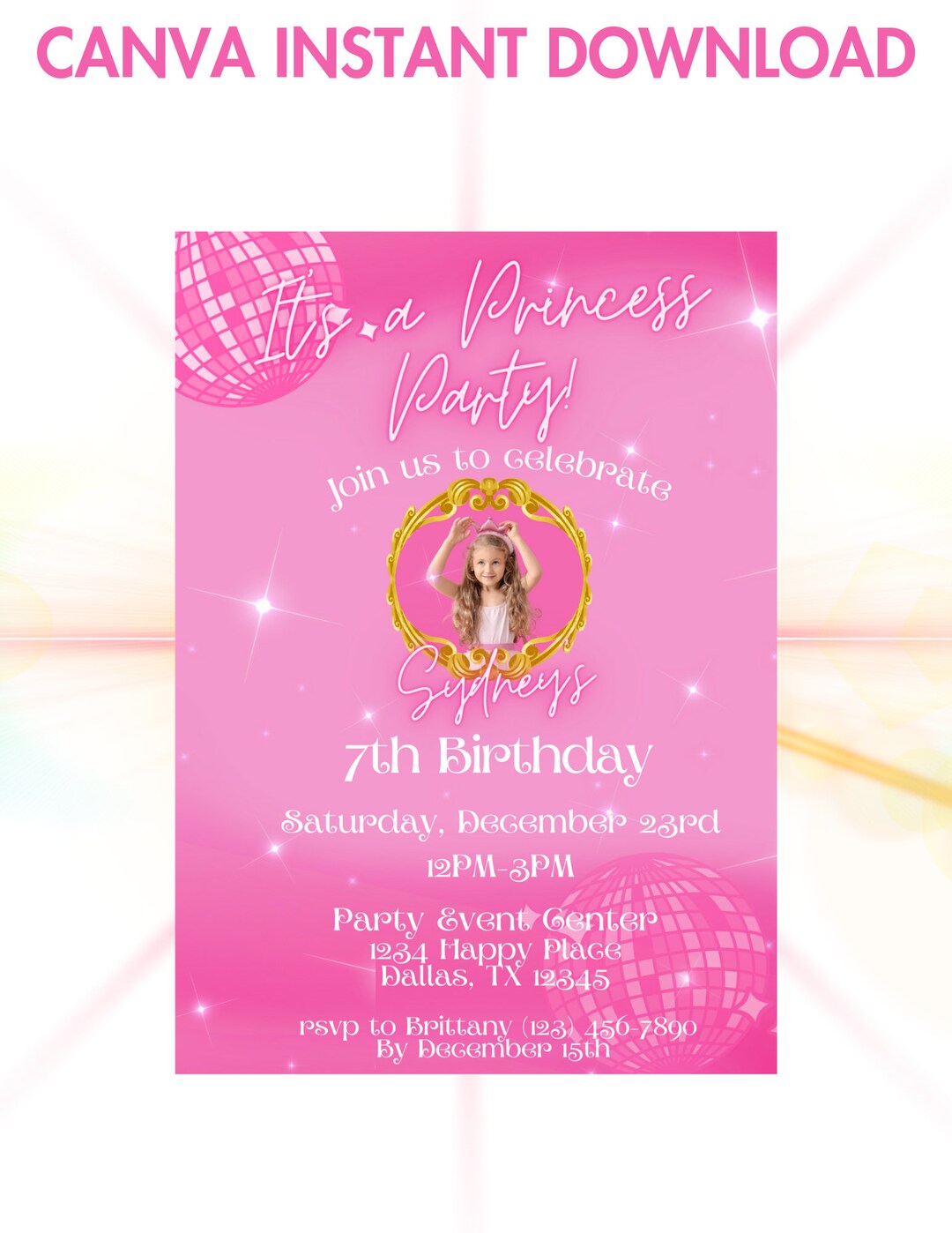 Pink Princess Party Invitation, Princess Birthday Invitation, Princess ...