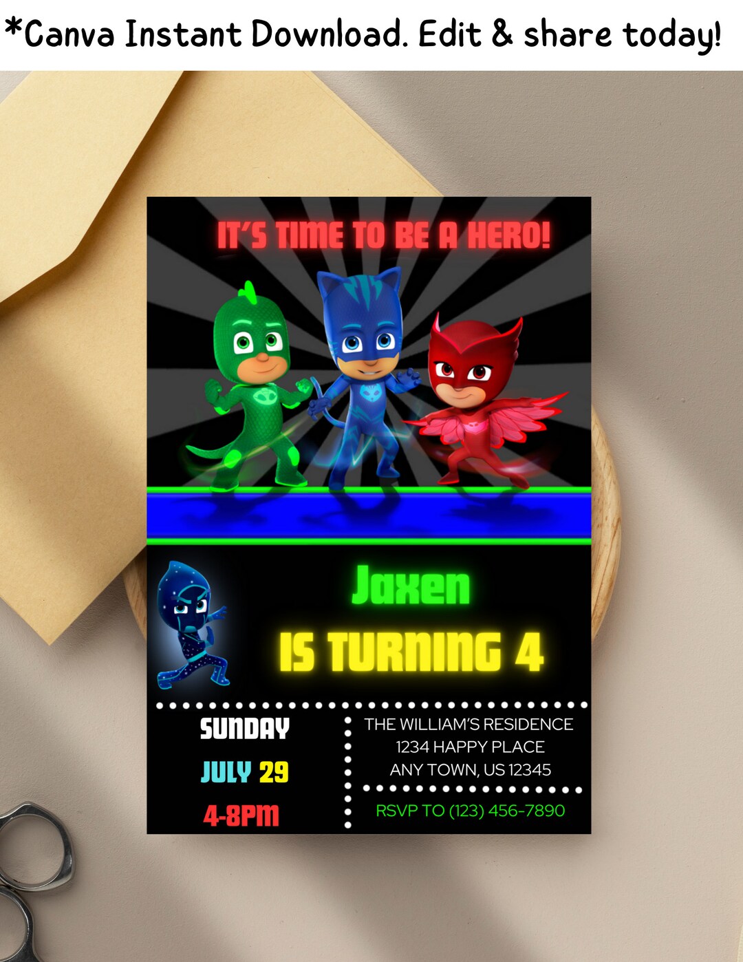 PJ Masks Birthday Invitation, Digital Party Invitation, First Birthday ...