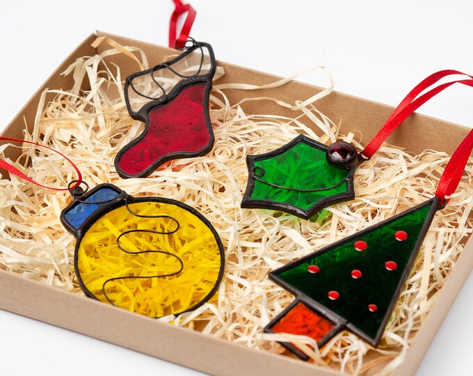 Gift Box Set of 4 Stained Glass Christmas Ornaments, Christmas ...