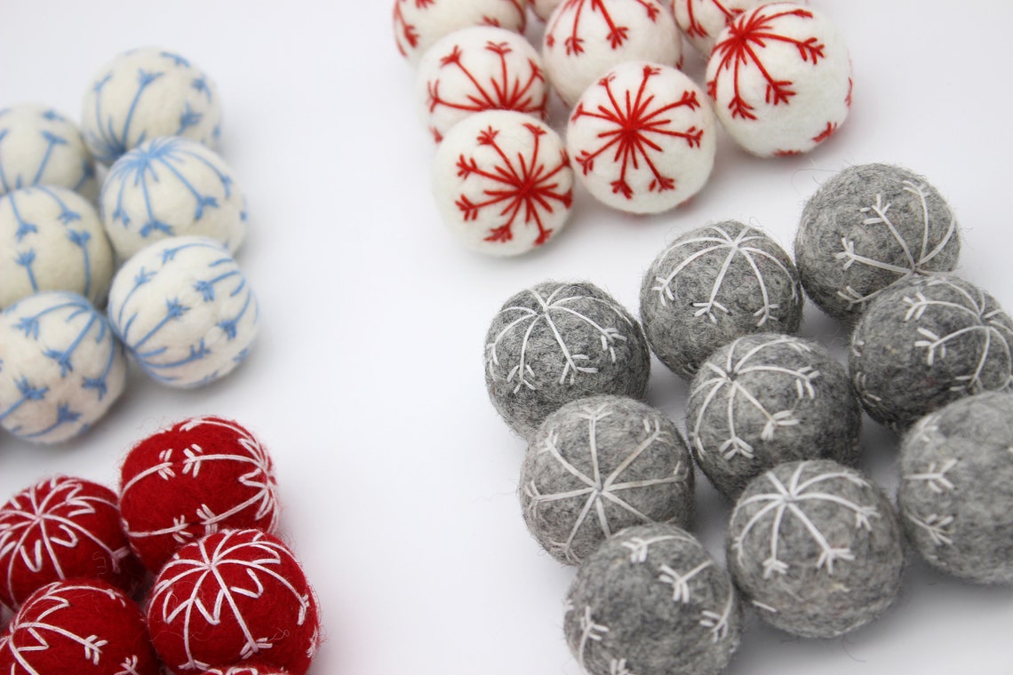 White and Red Felt Snowflake Balls Felted Snowflake Balls - Etsy
