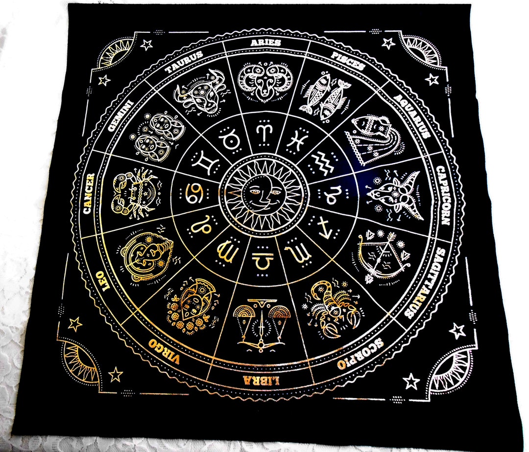 Tarot Cloth Astrology 12 Sun Signs Wheel in Gold on Black Velveteen ...