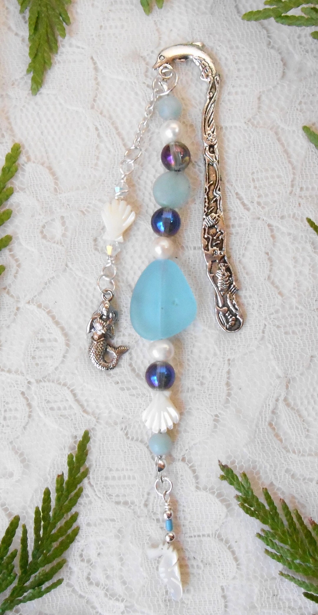 Dolphin & Mermaid Bookmark Czech Aqua Blue Seaglass, Amazonite, FW ...