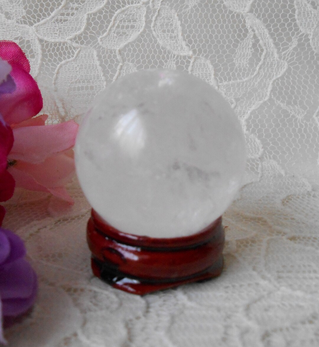 Crystal White Quartz Ball Sphere Mini 35mm Travel Size With Wood Stand ...