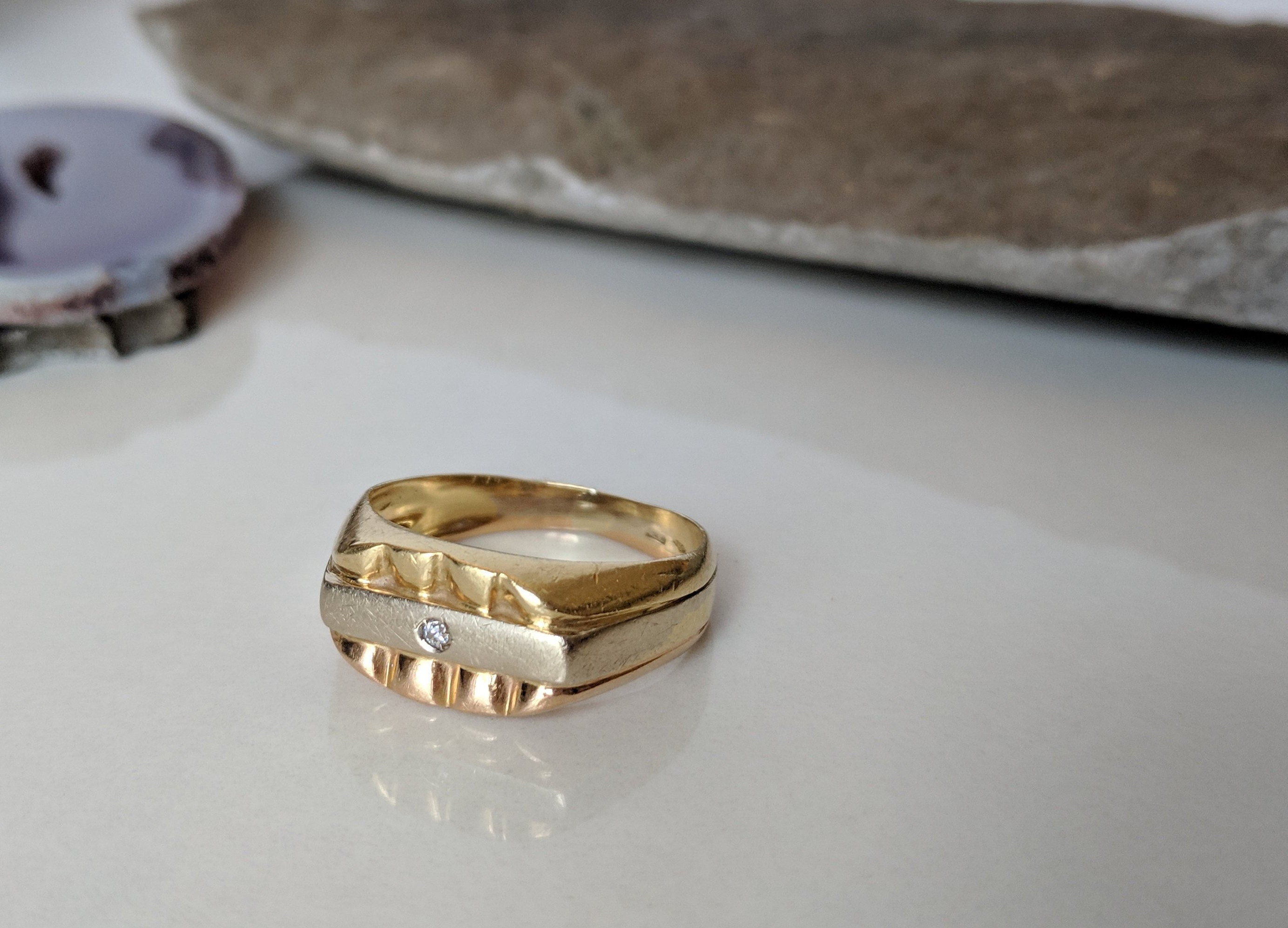 Vintage 18k Yellow Gold Men's Ring Italian Gold Diamond | Etsy