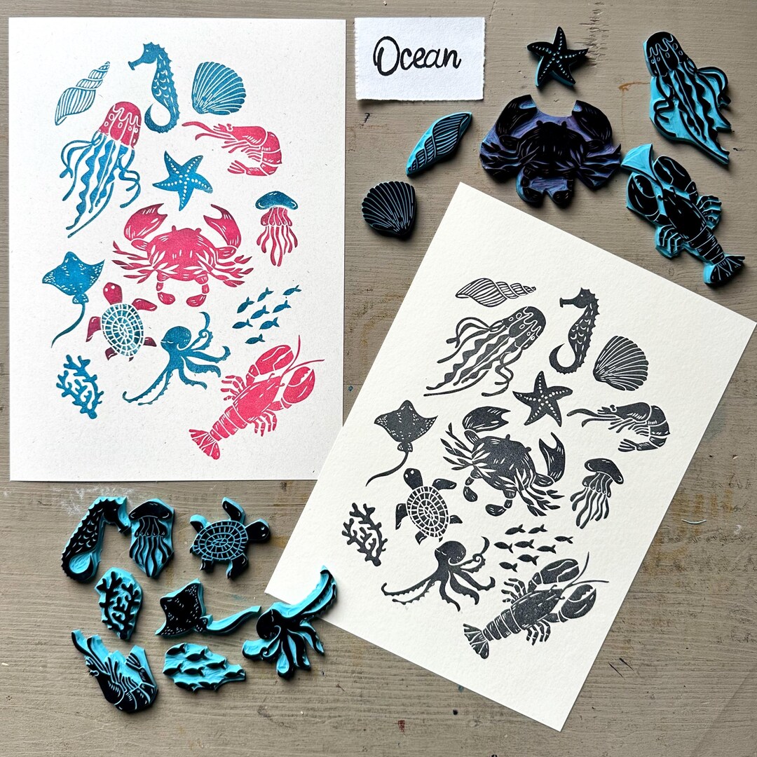 Hand Carved Stamp, Rubber Stamp, Ocean Stamp, Handprinted, Stamp ...