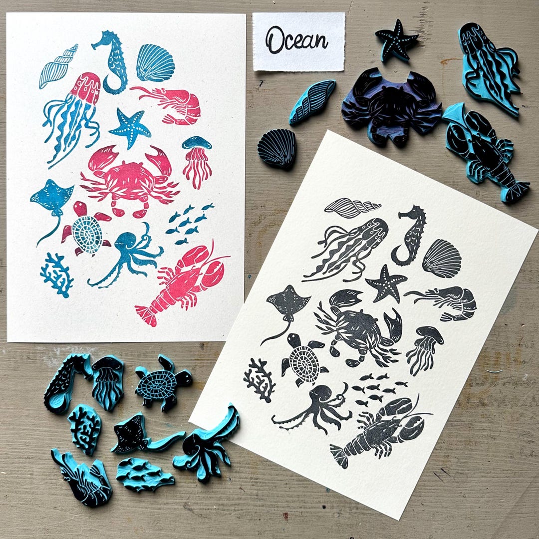 Ocean Stamps, Rubber Stamp, Hand Carved Stamp, Timbri Oceani, Timbro ...