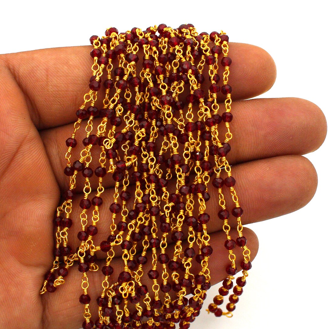 Garnet Hydro Beaded Rosary Chain: Gold Plated Wire Wrapped, 3mm ...