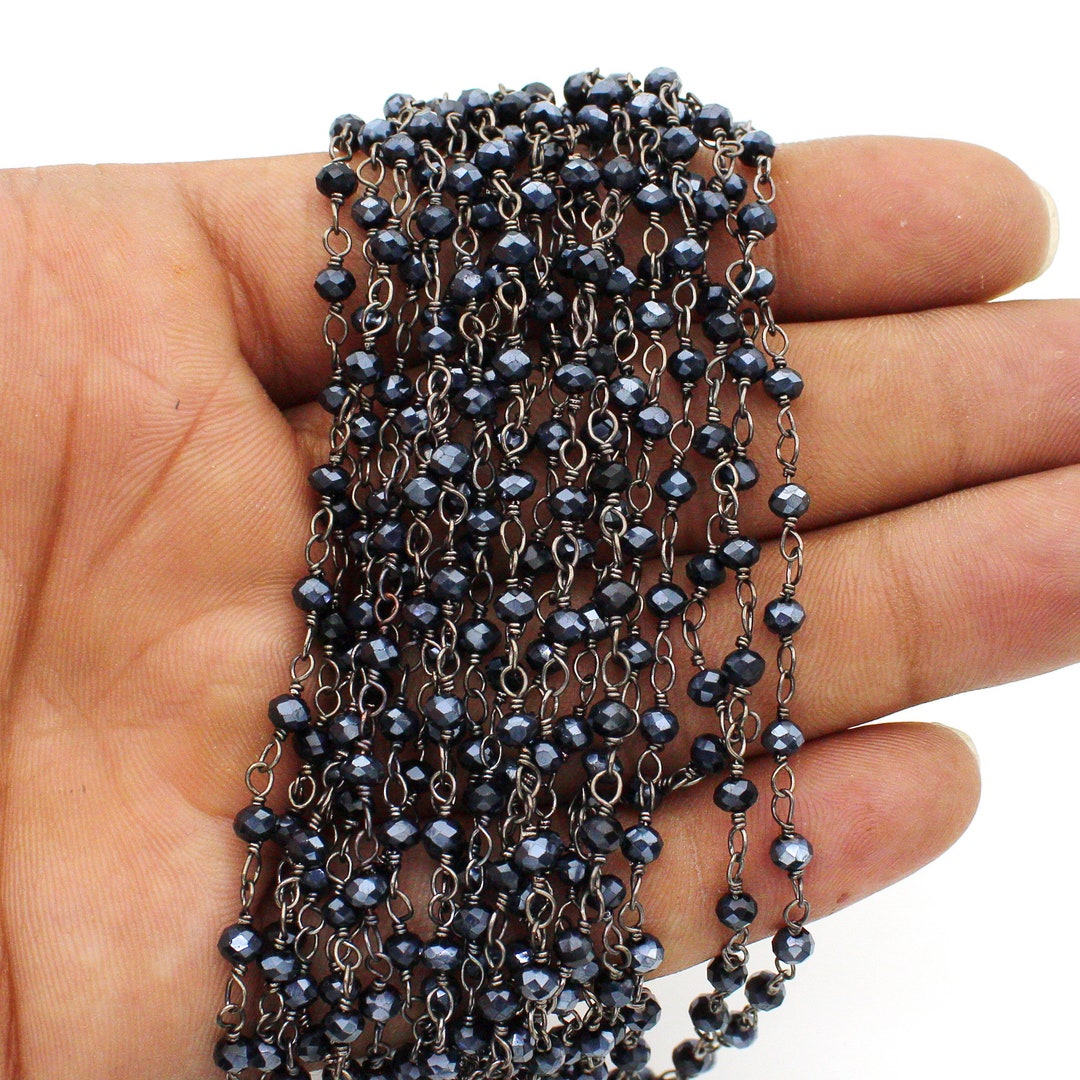 Rosary Beaded Chain, Black Tourmaline Hydro, Rondelle Coated Faceted ...