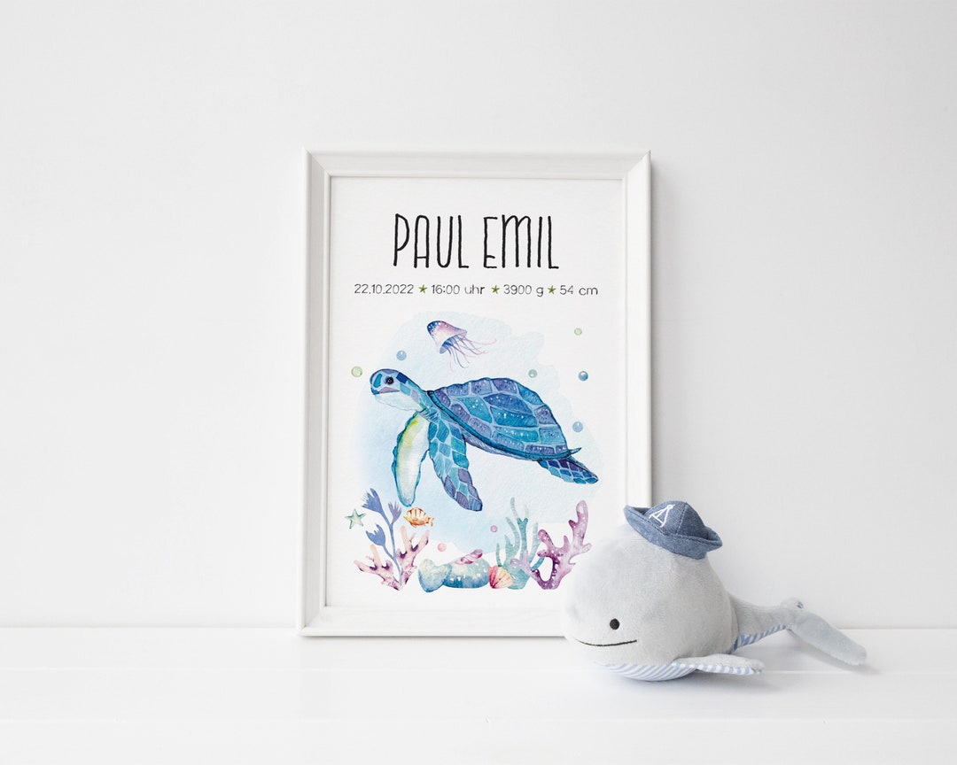Birth Poster With Sea Turtle, Personalised, Maritime Birth Announcement ...
