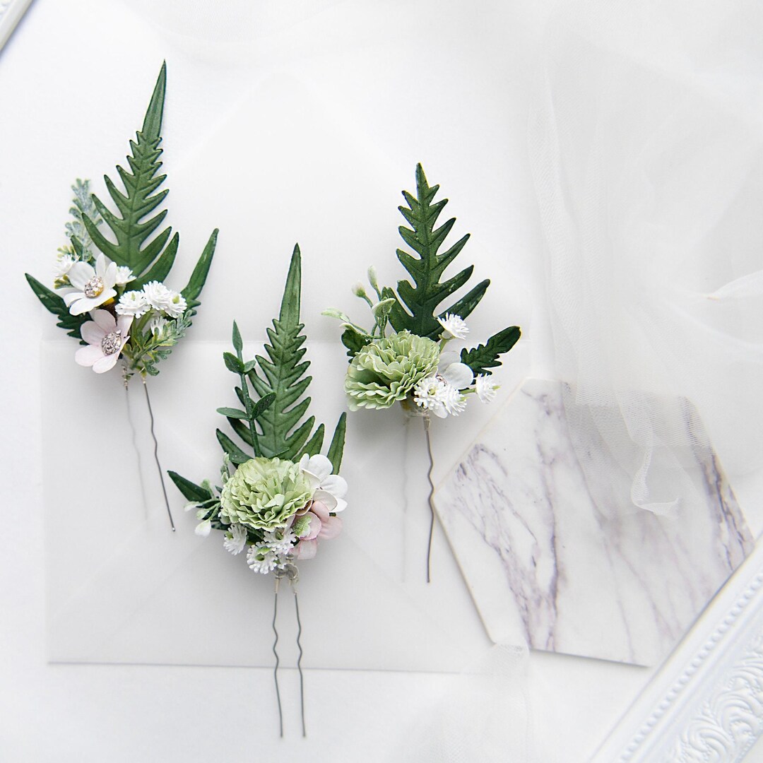 Sage Green Flower Hair Pins: Rustic Bridal Hairpiece, Set of 3 - Etsy
