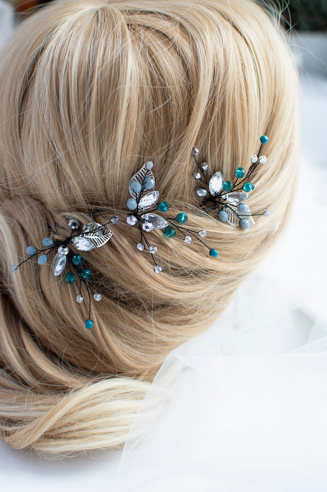 Set of 3 Emerald Hair Pin Turquoise Hair Pin Turquoise Hairpiece ...