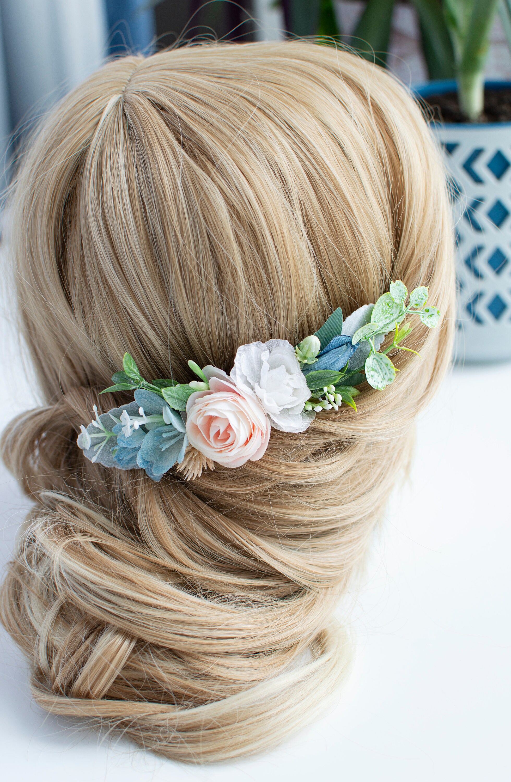 Flower hairpiece Flower hair comb Blush flower hair comb Blue | Etsy