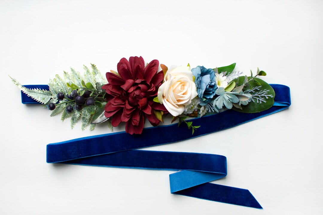 Blue Velvet Flower Belt: Bridal Wedding Floral Sash - Etsy