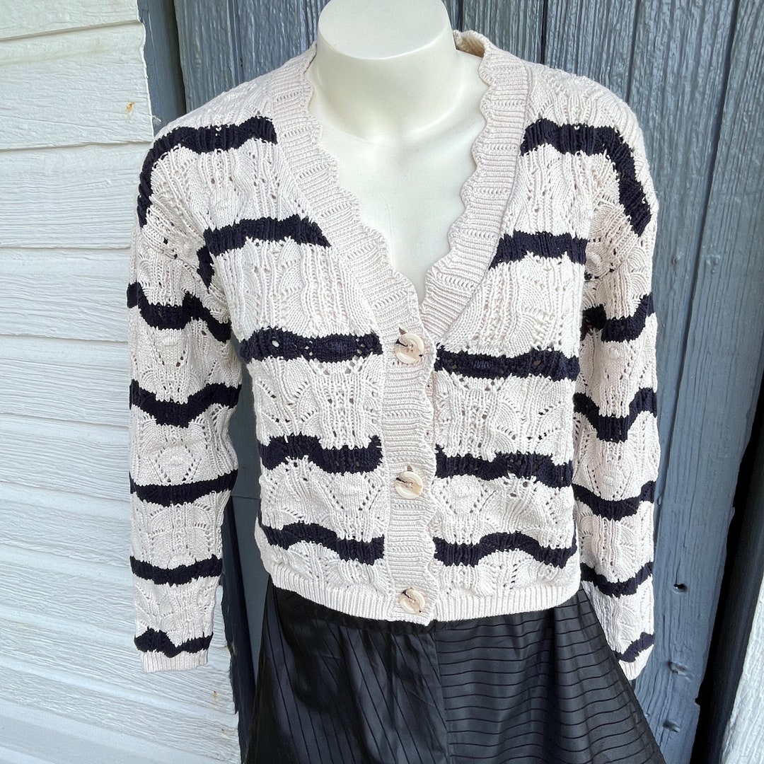 Vintage Ladies Cardigan L/S Beige /navy Stripped Patterned Cotton Knit ...
