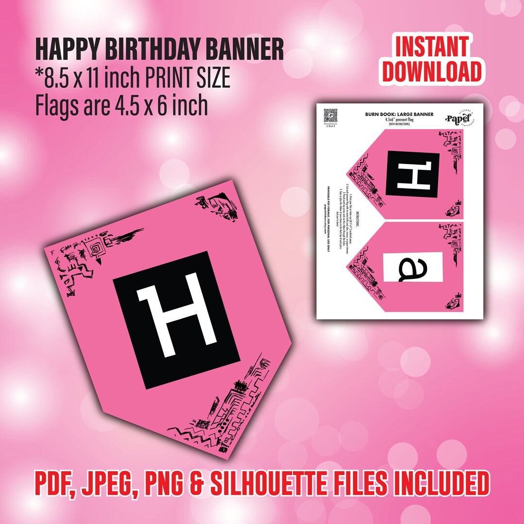 BURN BOOK: Happy Birthday Party BANNER Small Triangular Flags 8.5x11 ...