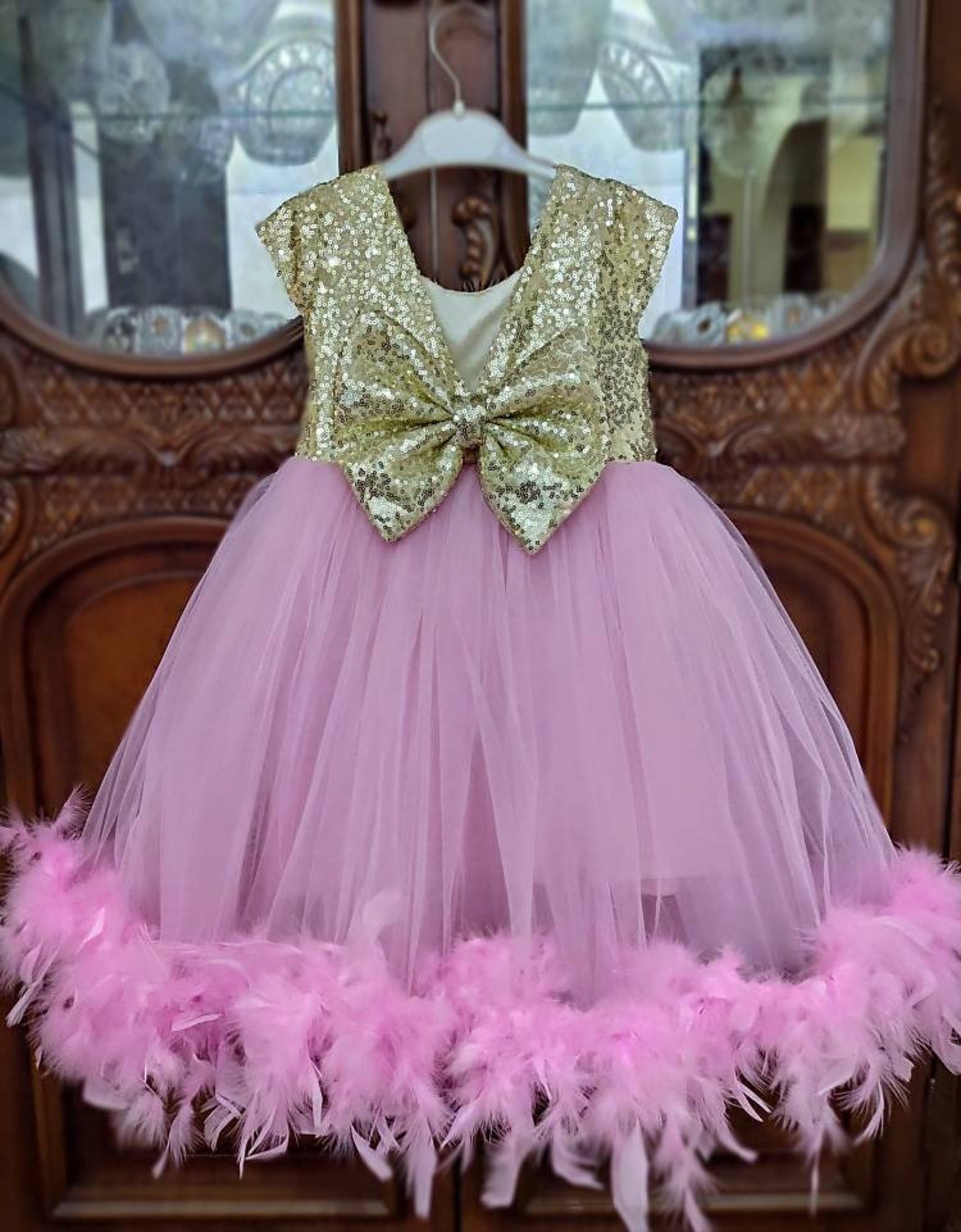 Girls Pink Feather Tulle Dress Girls Gold Sequin Party Dress - Etsy