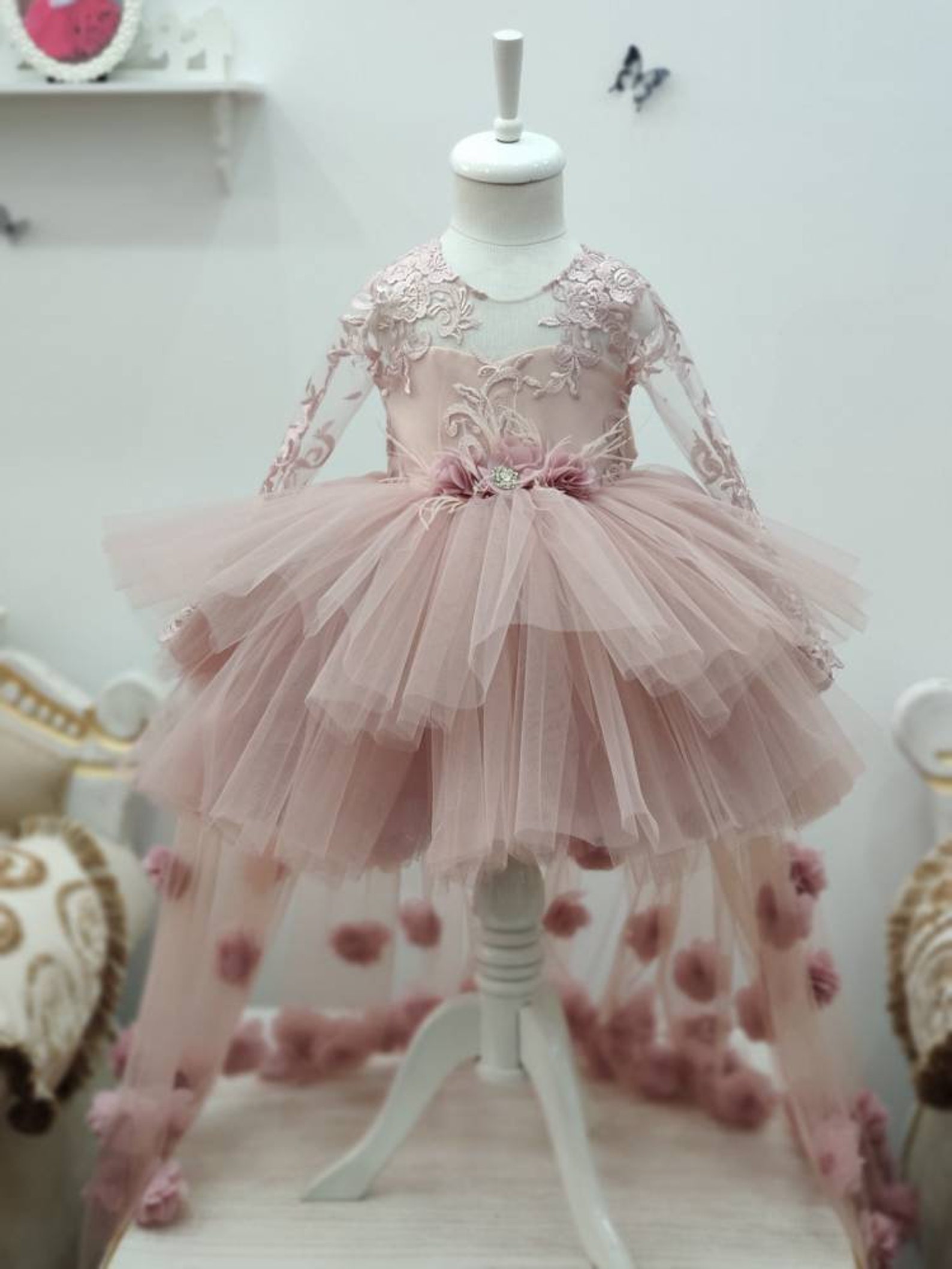 Flower Girl Lace Dress Girls Mauve Tulle Party Dress Toddler - Etsy