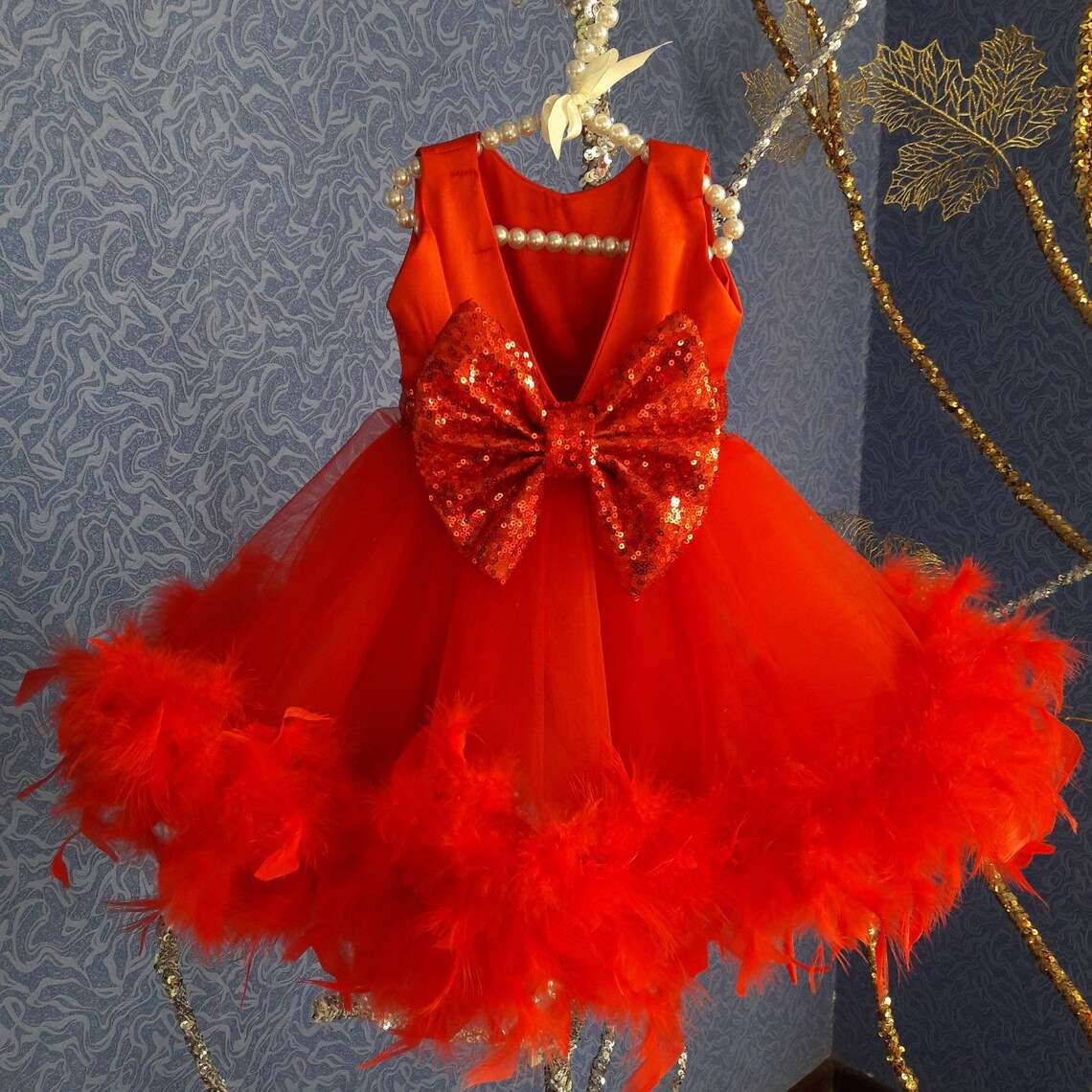 Girls Red Feather Dress Girls Party Dress Girls Sequin - Etsy UK