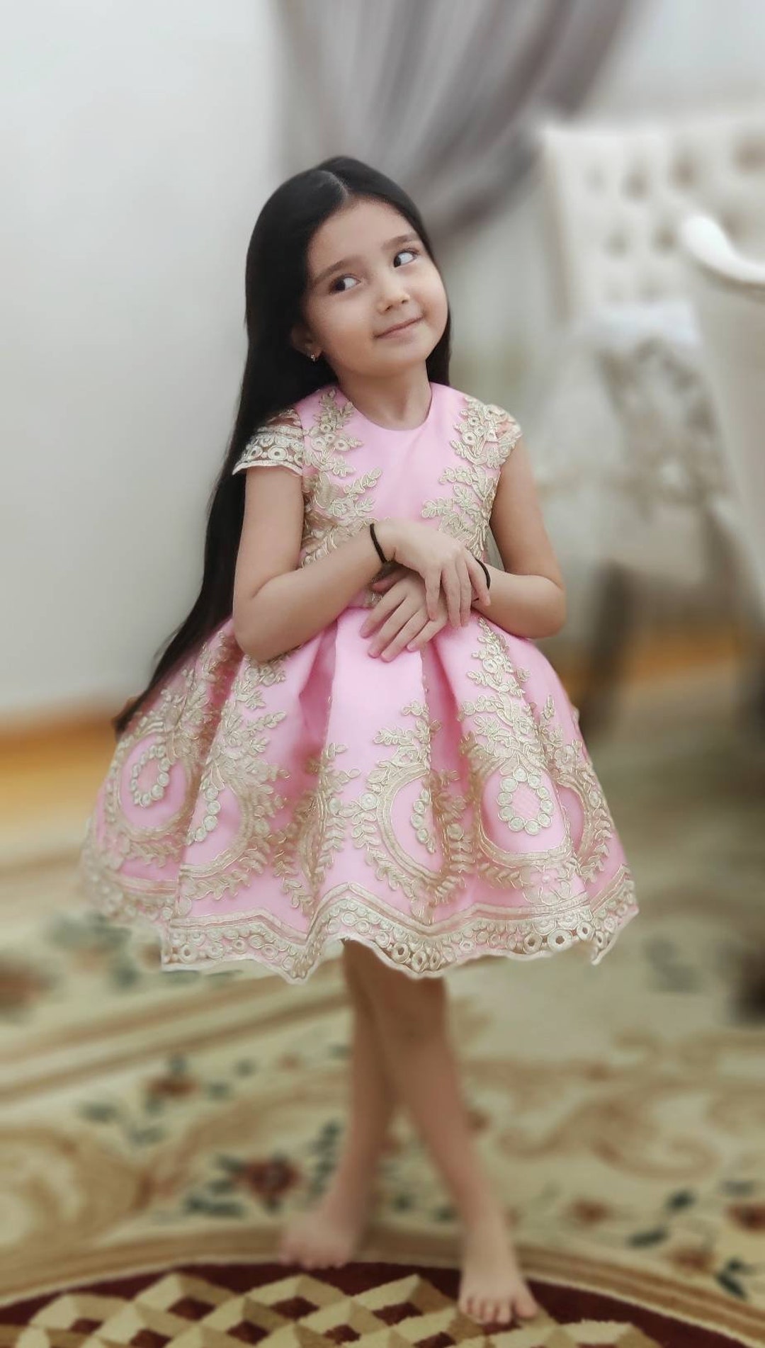 Girls Pink Party Dress, Flower Girl Pink Dress, Toddler Gold Party ...