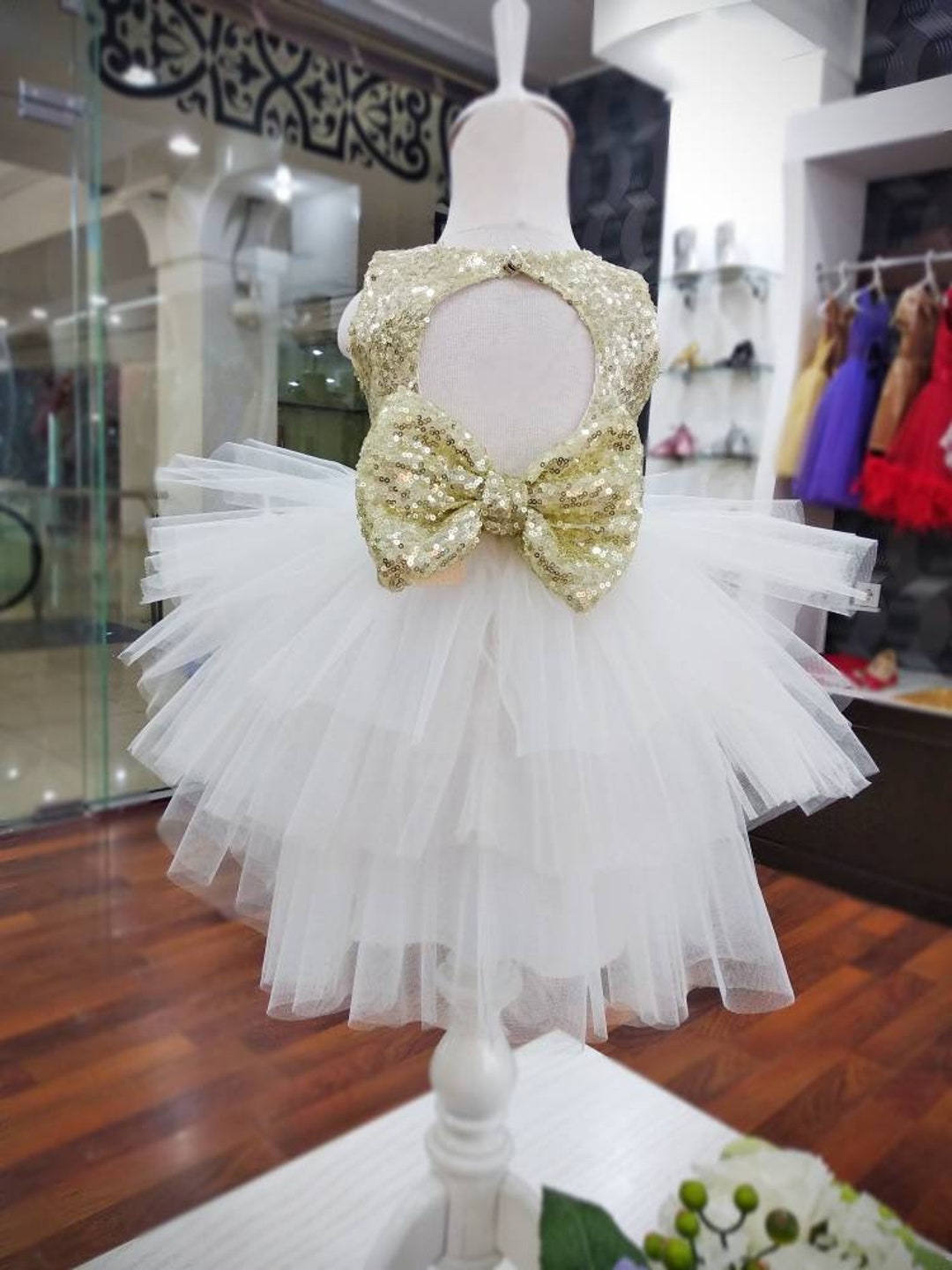 Girls Gold Dress, Girls Ivory Party Dress, Flower Girl Ivory Dress ...