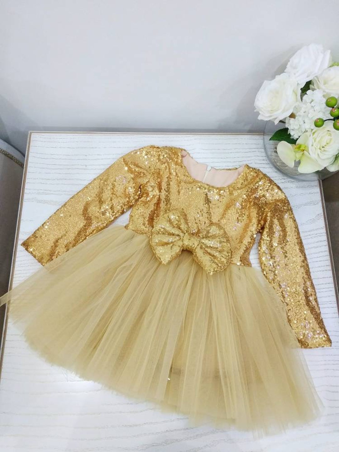 Flower Girl Gold Dress, Girls Long Sleeve Sequin Dress, Baby Girl ...