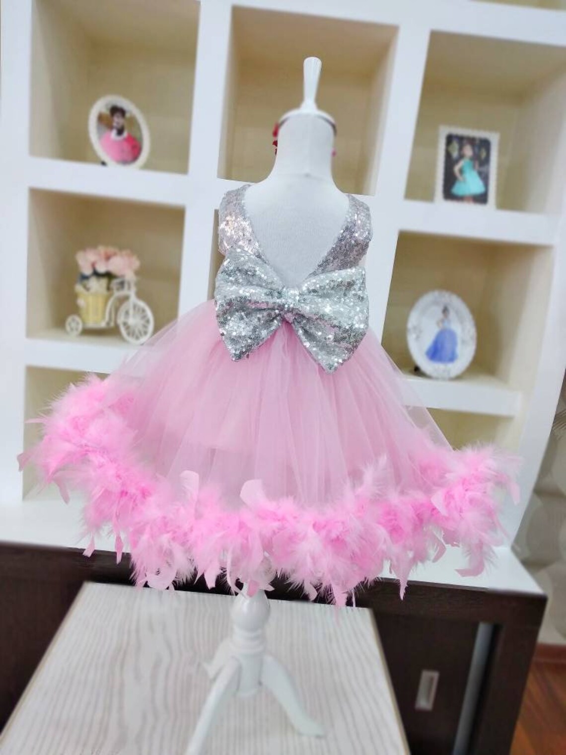 Girls Pink Feather Tulle Dress Girls Silver Sequin Party - Etsy