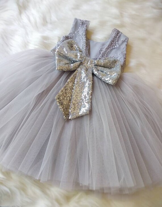 Girls Grey Lace Silver Belt Bow Party Dress Girls Gray Tulle - Etsy