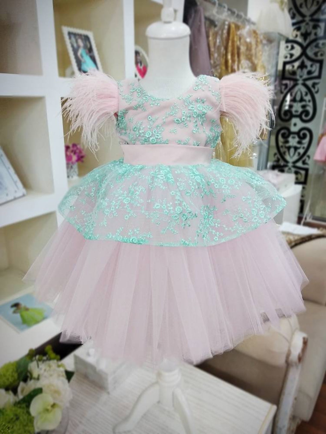 Girls Mint Lace Pink Tulle Party Dress Birthday Dress Flower - Etsy