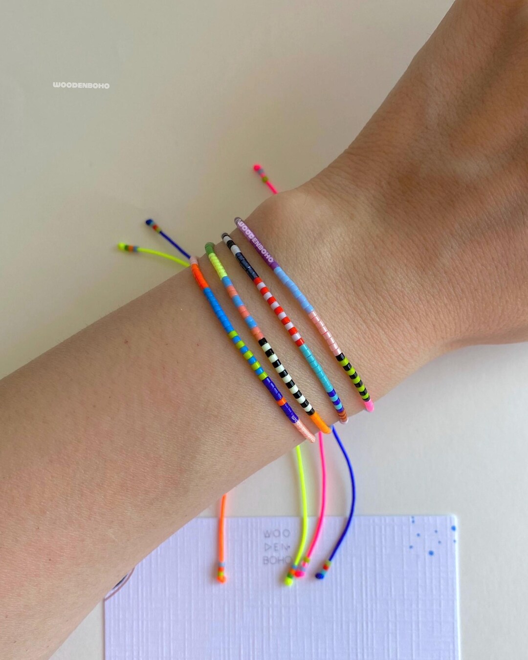 Neon Thread Beaded Bracelet, Single Strand Mixed Bead Colorful Minimal ...