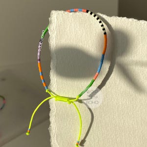 Neon Thread Beaded Bracelet, Single Strand Mixed Bead Colorful Minimal ...