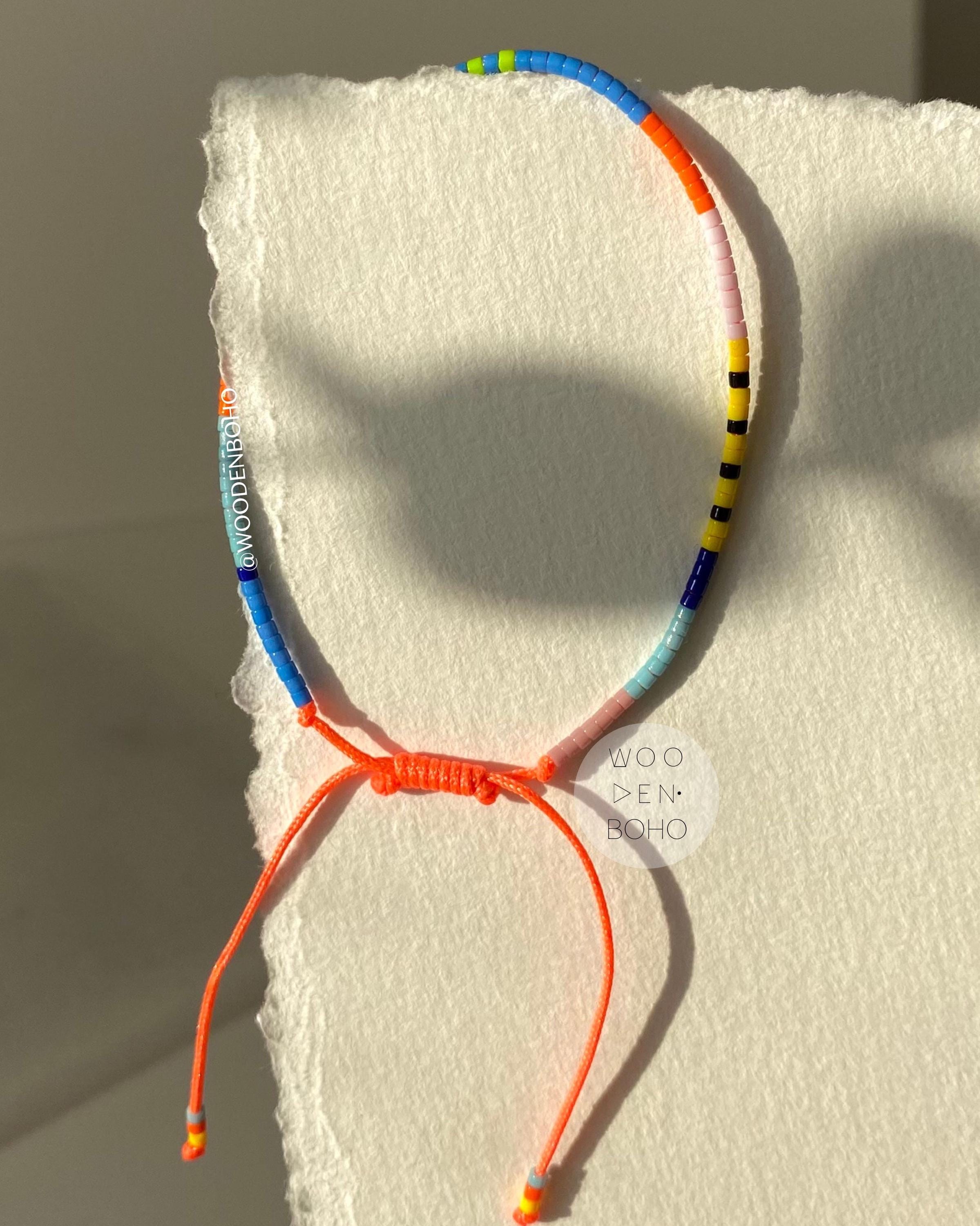 Neon Thread Beaded Bracelet, Single Strand Mixed Bead Colorful Minimal ...