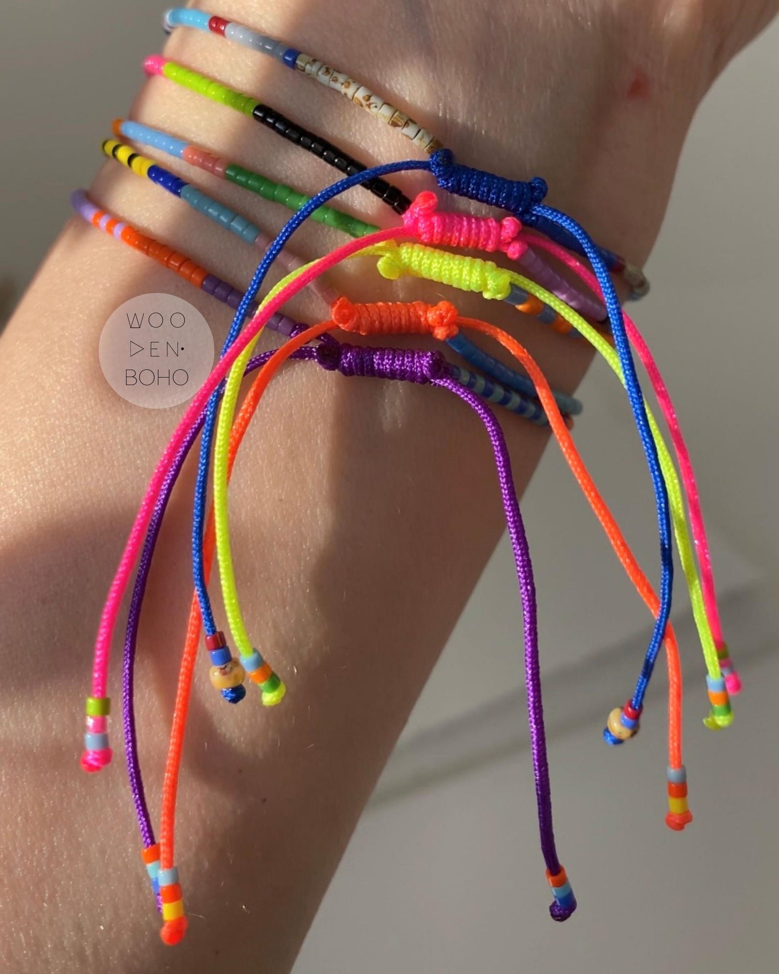Neon Thread Beaded Bracelet, Single Strand Mixed Bead Colorful Minimal ...
