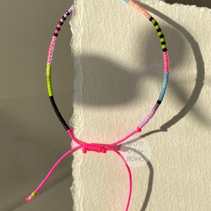 Neon Thread Beaded Bracelet, Single Strand Mixed Bead Colorful Minimal ...