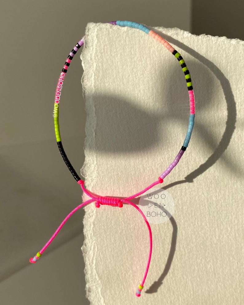 Neon Thread Beaded Bracelet, Single Strand Mixed Bead Colorful Minimal ...