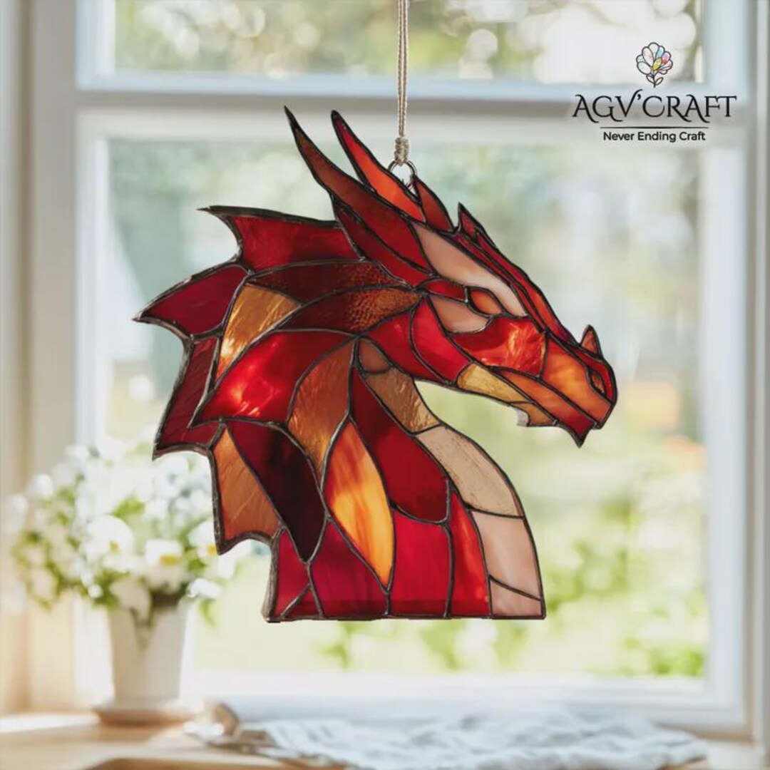 Dragon Head Stained Glass Pattern, Dragon Face Suncatcher, Red Dragon ...