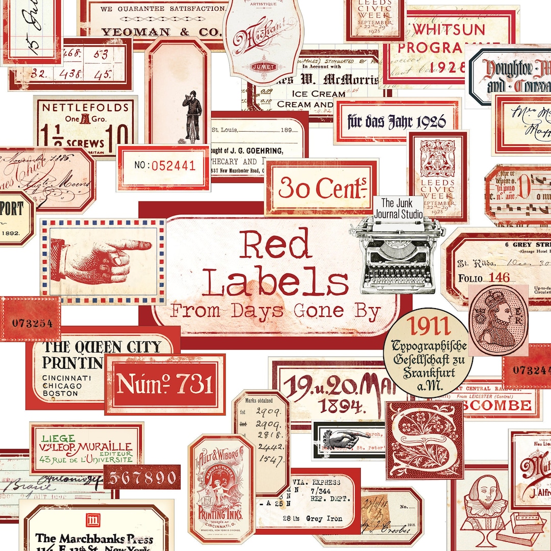 Red Vintage Labels Digital, Distressed Numbers, Red Labels, Ephemera ...