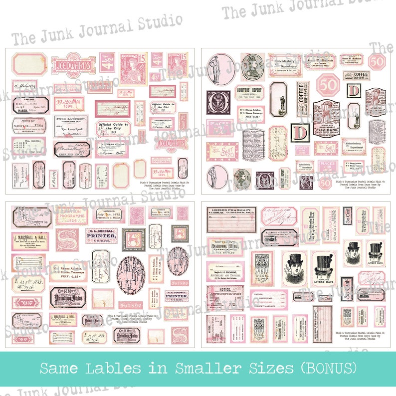 Pastel Turquoise & Pink 28 Page Vintage Labels Digital, Distressed ...