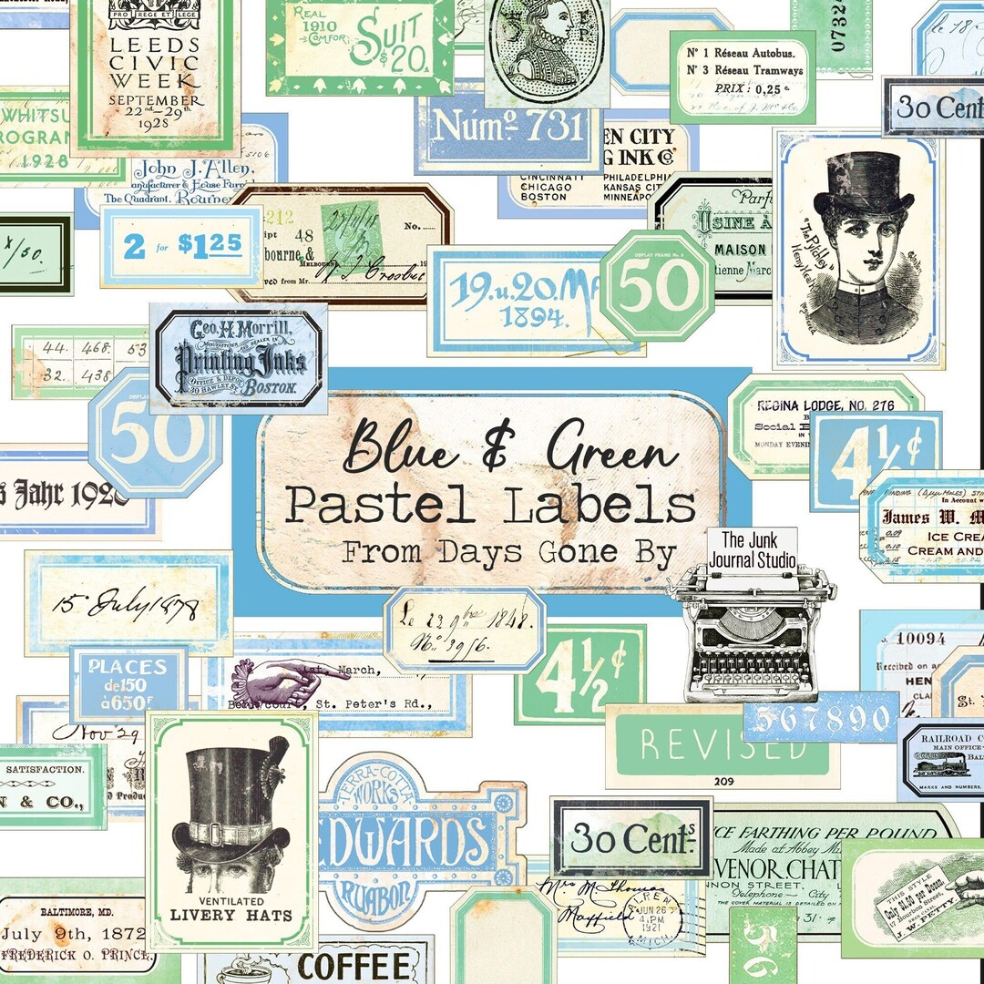 Pastel Blue & Green 28 Page Vintage Labels Digital, Distressed Numbers ...