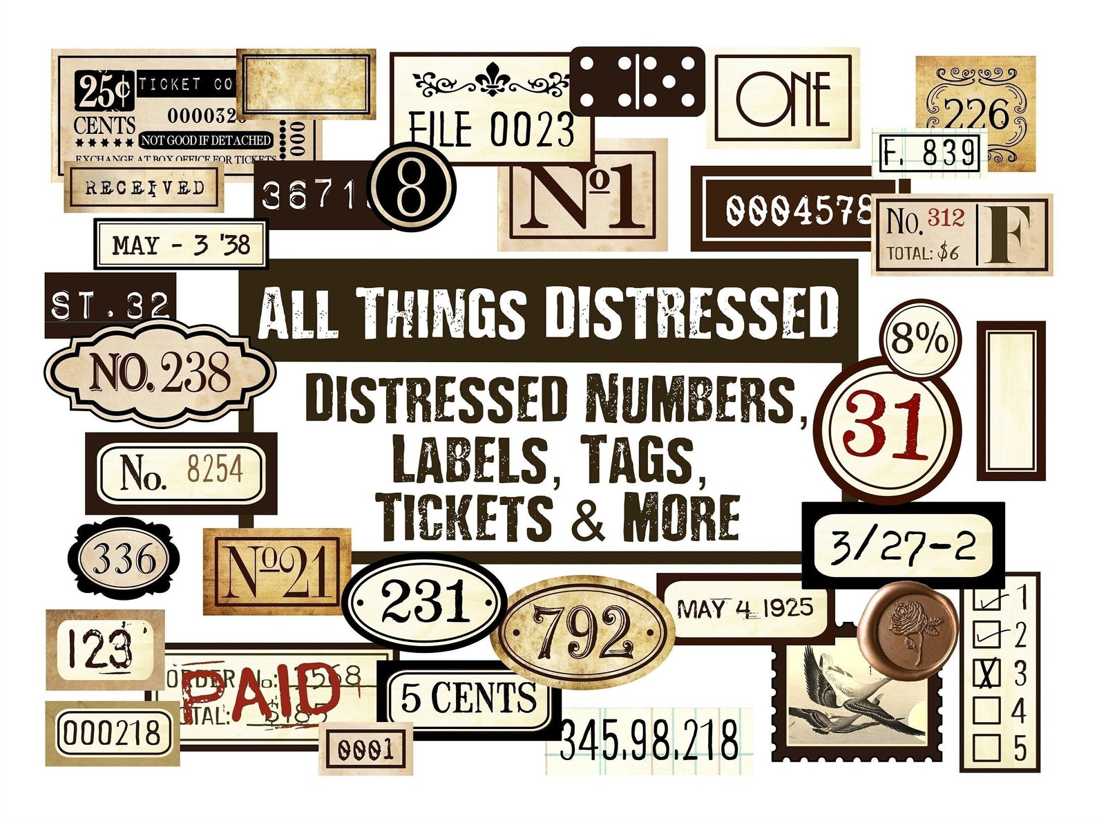 Distressed Numbers, Labels, Tickets, Tags, Flashcards, Ephemera, Junk ...
