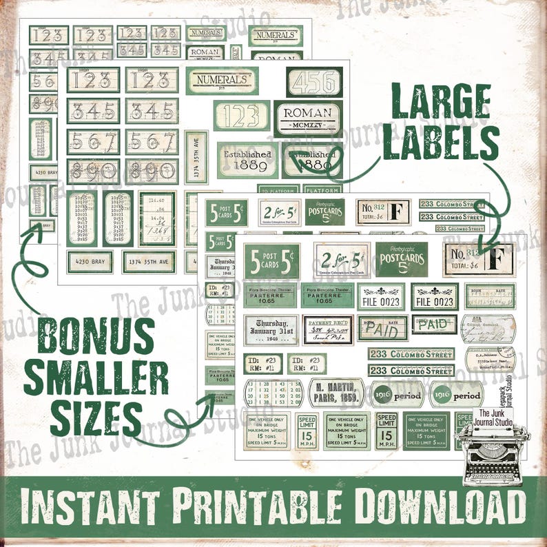 Green Labels Megapack Digital, Distressed Numbers, Labels Journal, Junk ...