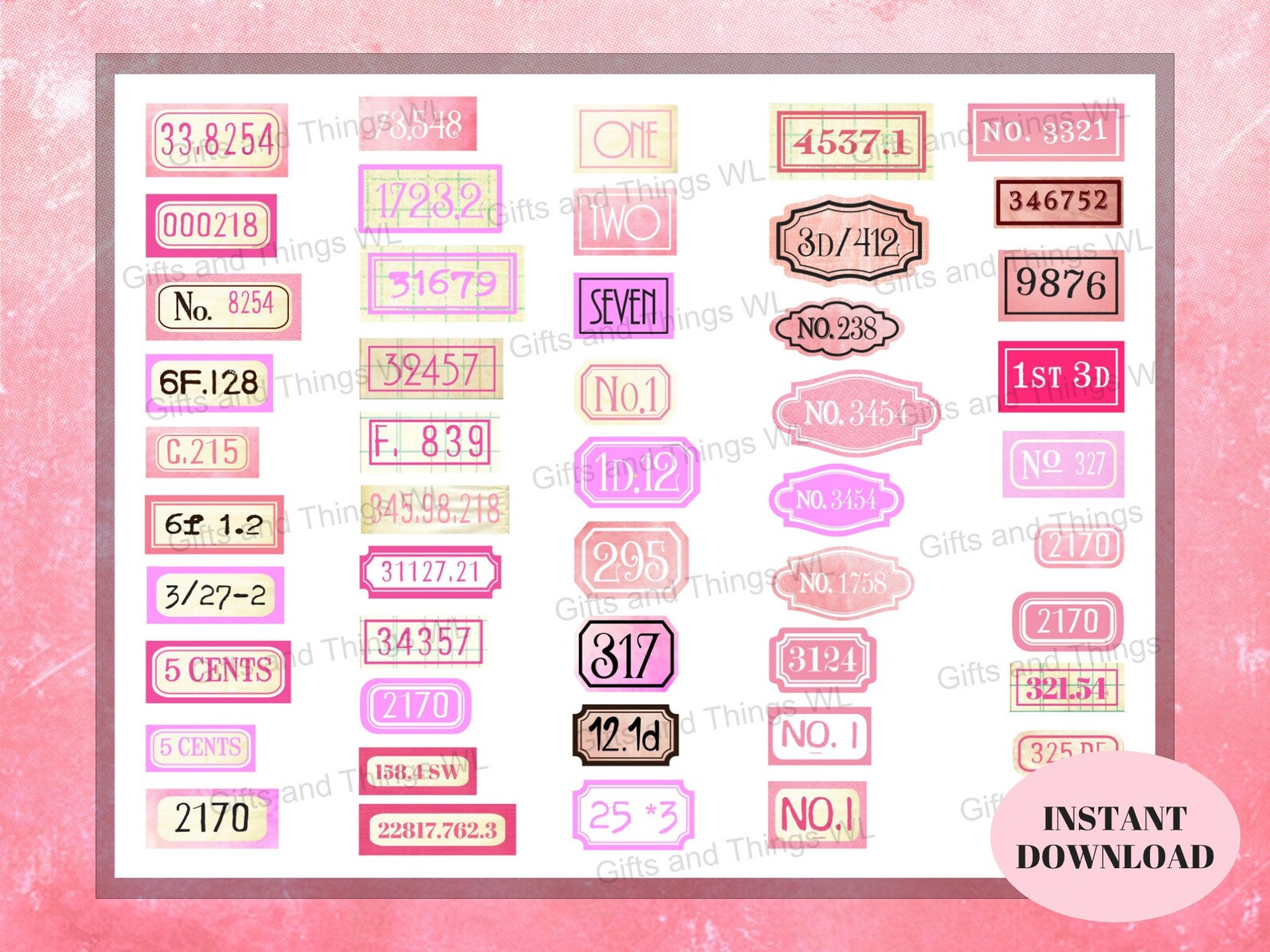 PINK Distressed Numbers Labels Tickets Tags Flashcards | Etsy