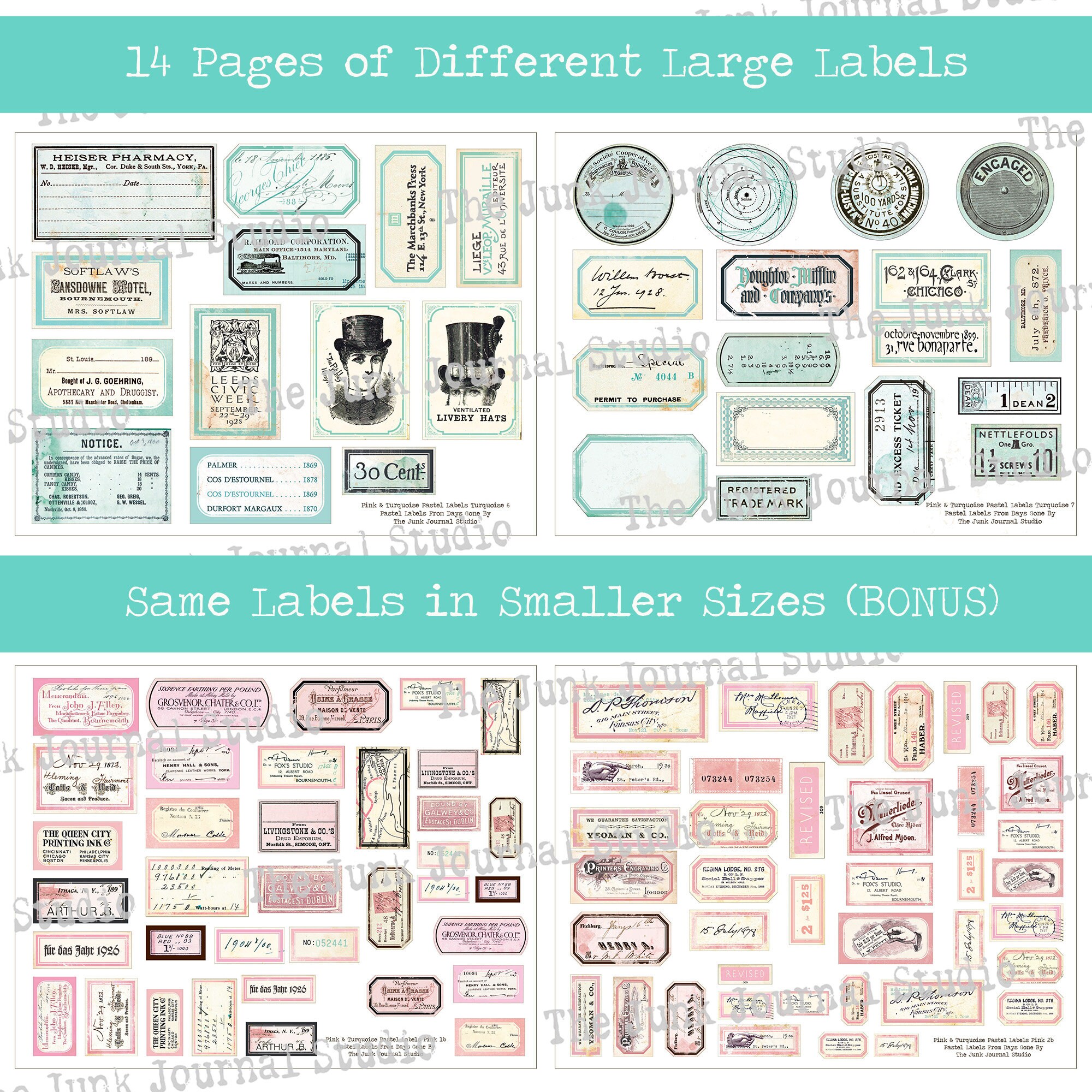 Pastel Turquoise & Pink 28 Page Vintage Labels Digital, Distressed ...
