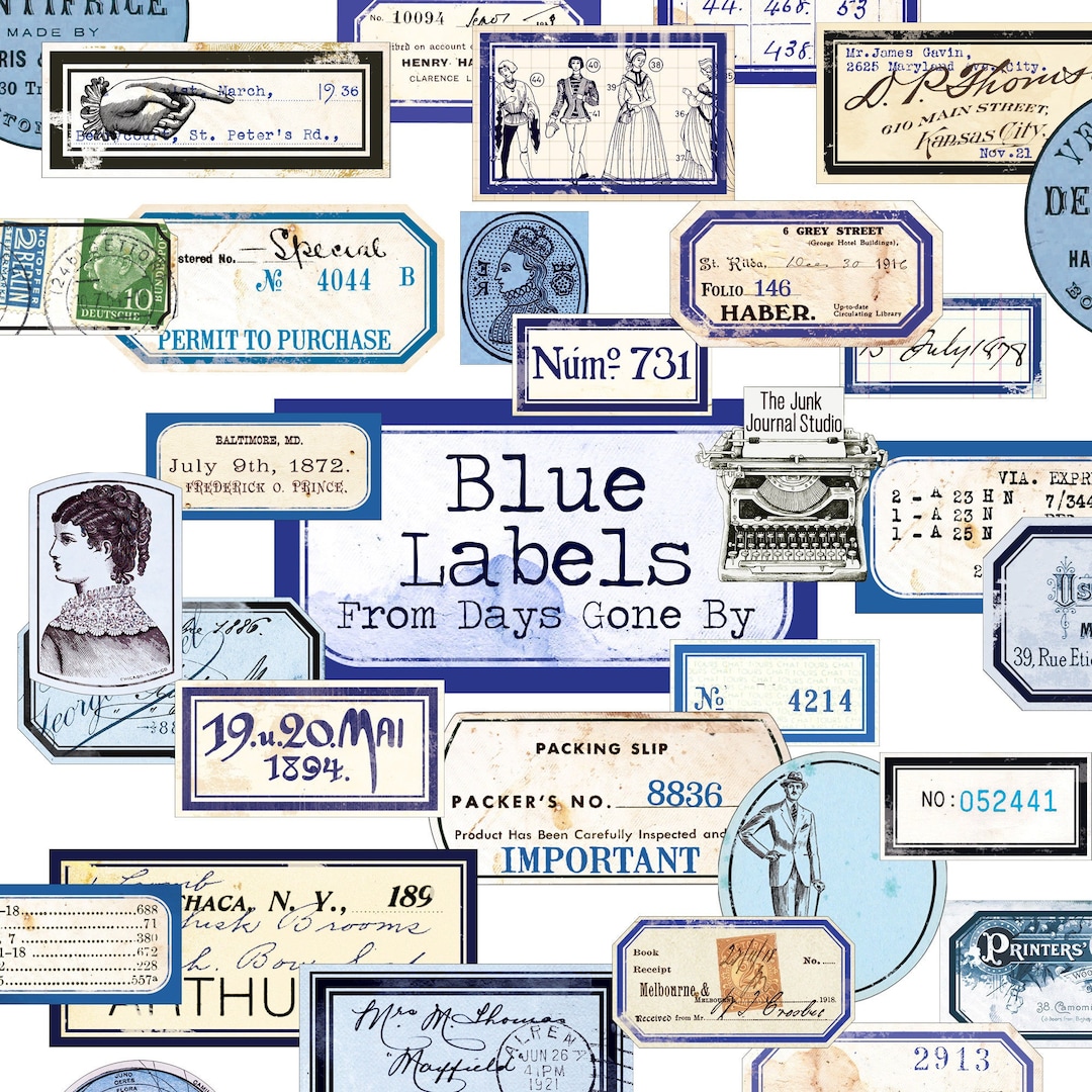 Blue Vintage Labels Digital, Distressed Numbers, Blue Labels, Ephemera ...