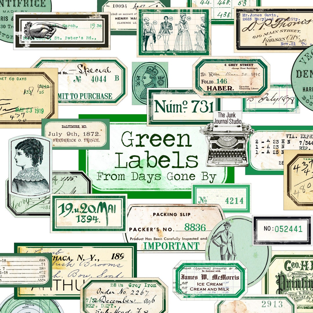 Green Vintage Labels Digital, Distressed Numbers, Green Labels, Junk ...