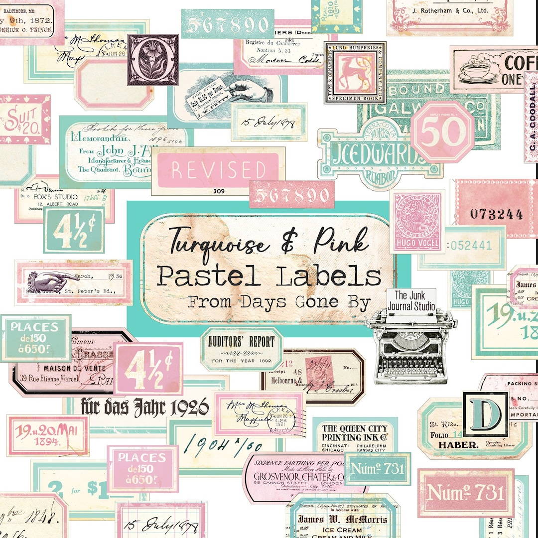 Pastel Turquoise & Pink 28 Page Vintage Labels Digital, Distressed ...