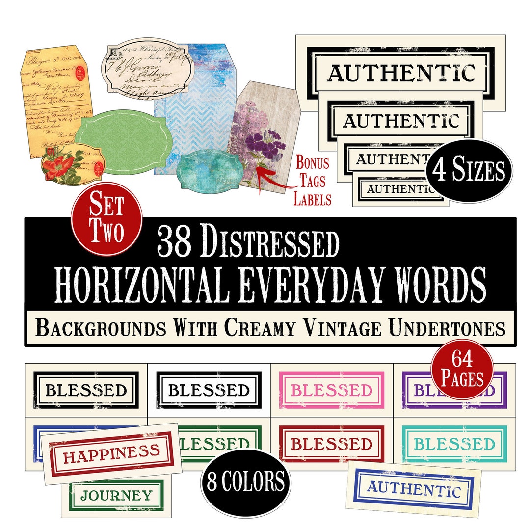 64 PAGE Horizontal Everyday Words Digital, SET TWO, Distressed Words ...