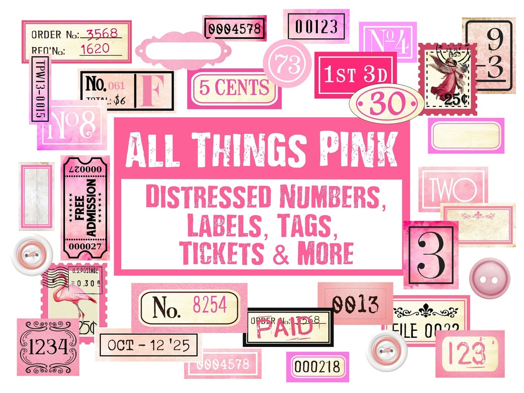 PINK Distressed Numbers, Labels, Tickets, Tags, Flashcards, Ephemera ...