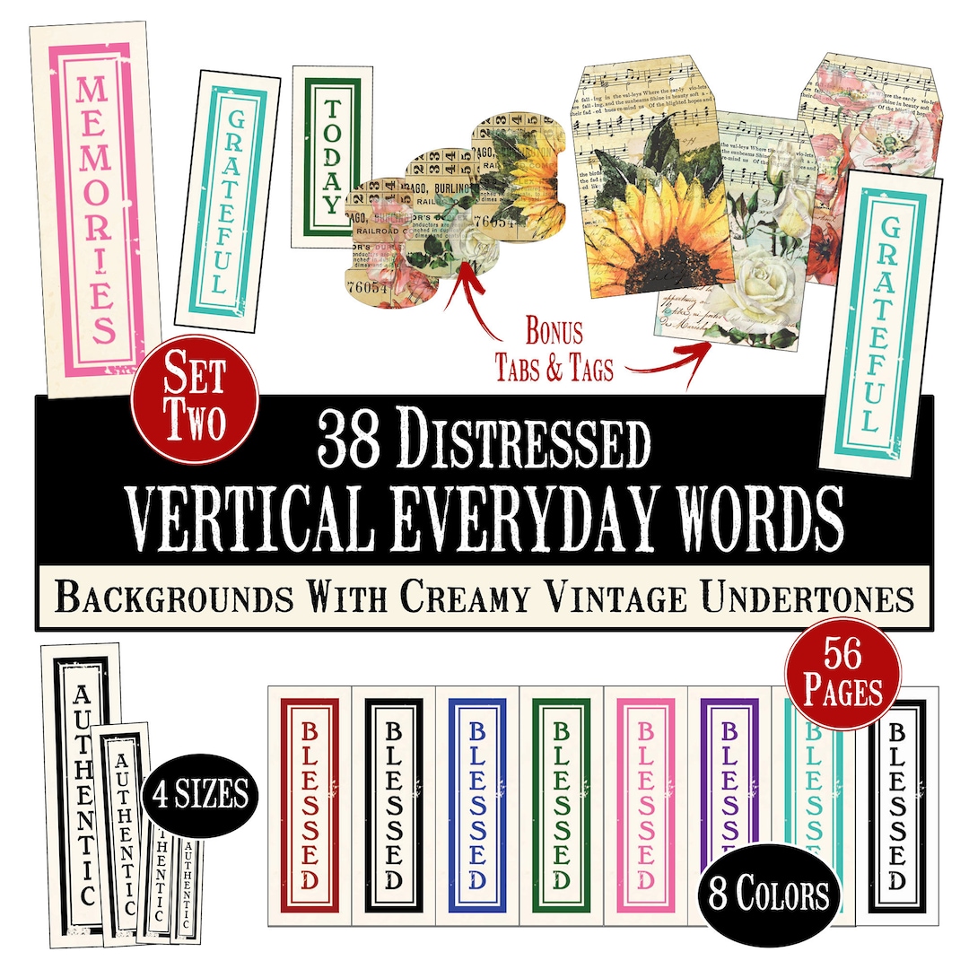 56 PAGE Vertical Everyday Words Digital, Creamy SET TWO, Distressed ...