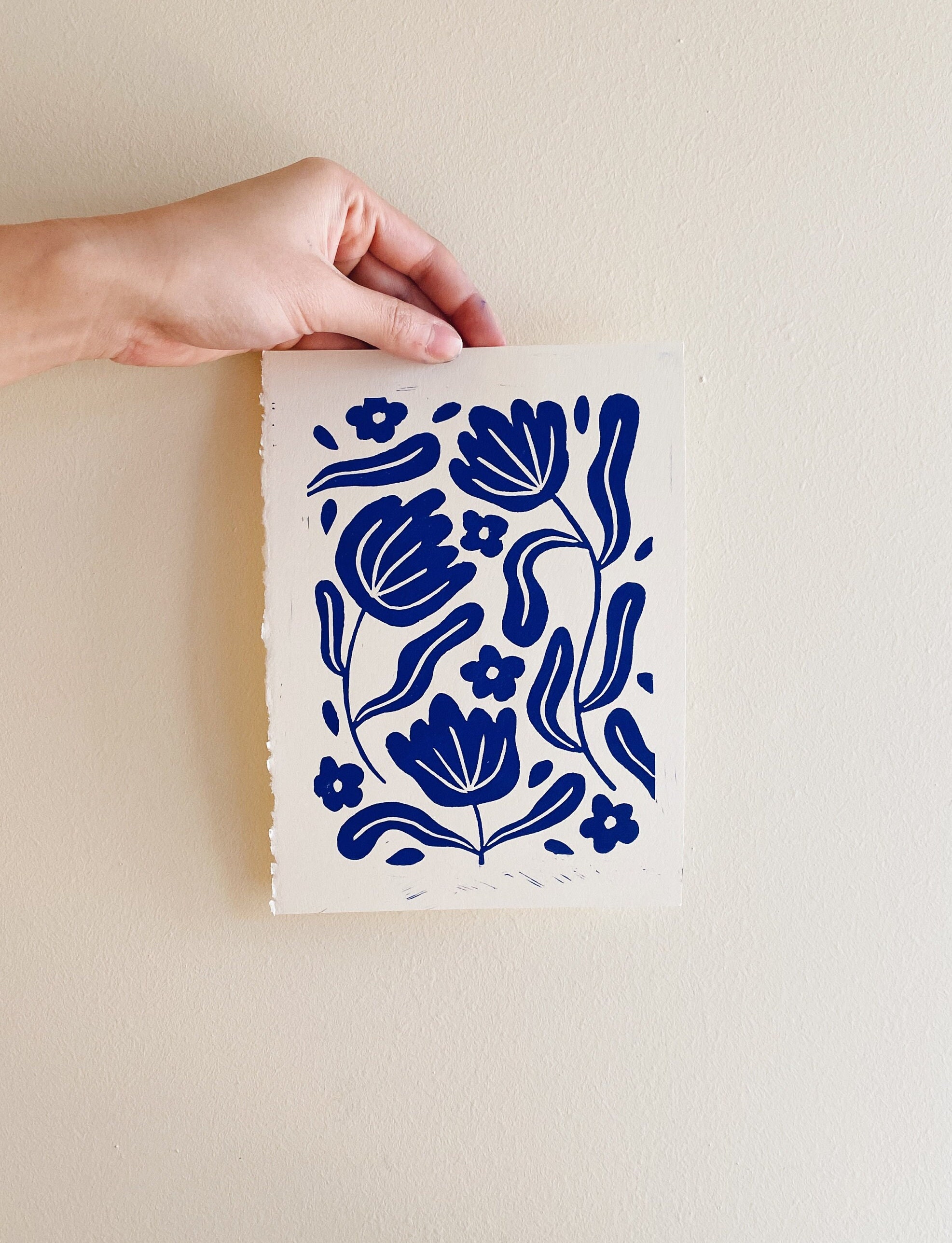 Blue Florals | Rustic Original Lino Print - A5 - Etsy