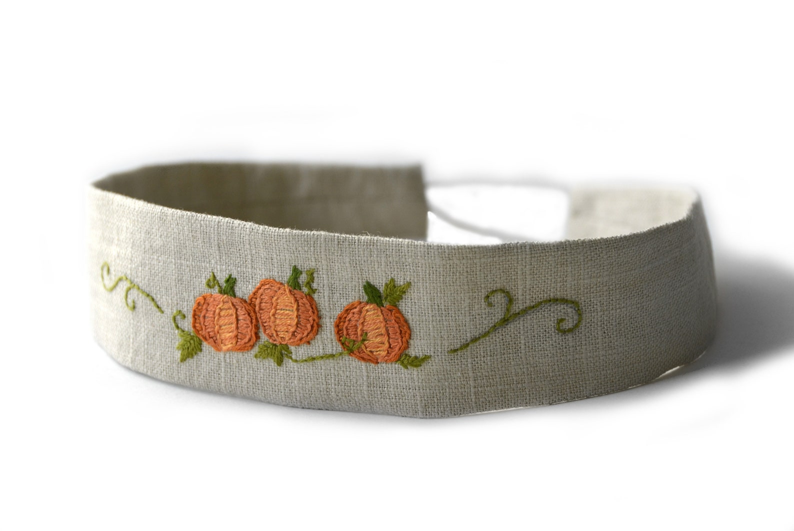 Hand Embroidered Fall Autumn Pumpkin Fabric Beige Cream Headband Twee ...